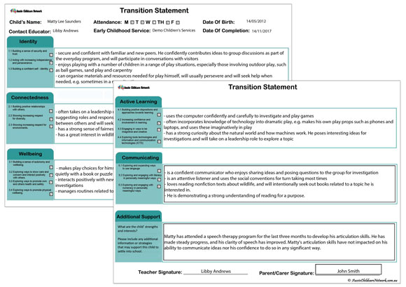 Transition Statement QLD Report Template Aussie Childcare Network