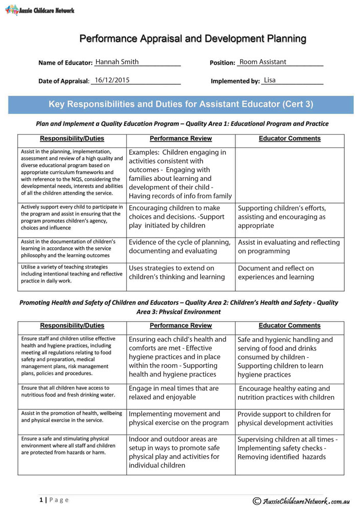 Staff Appraisal For Assistant Educator Aussie Childcare Network