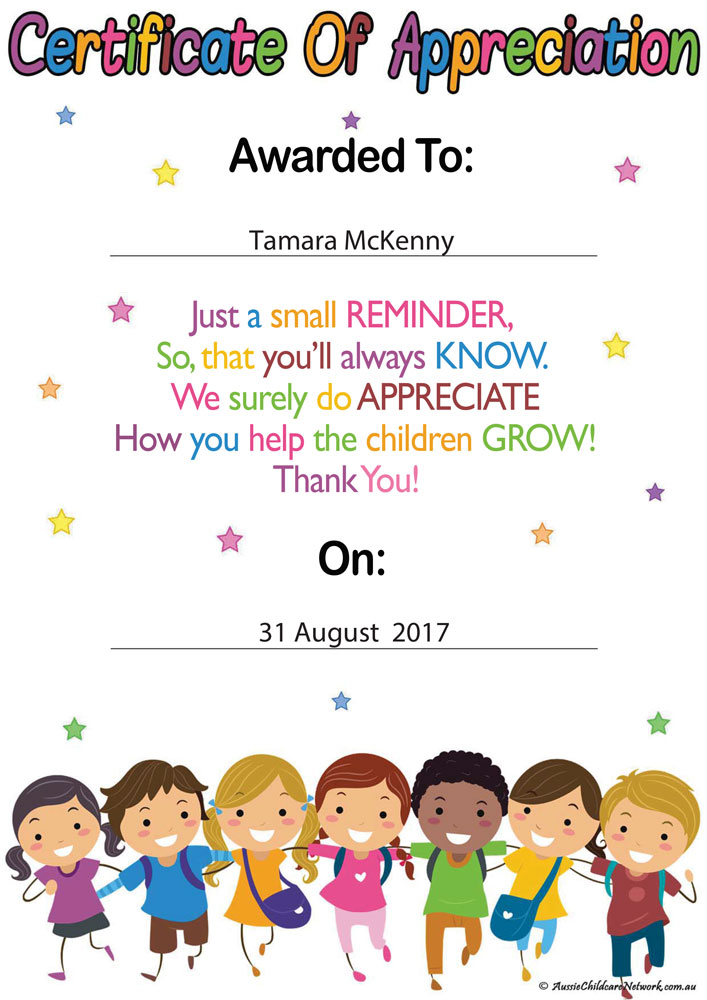 Educator s Certificate Of Appreciation Aussie Childcare Network