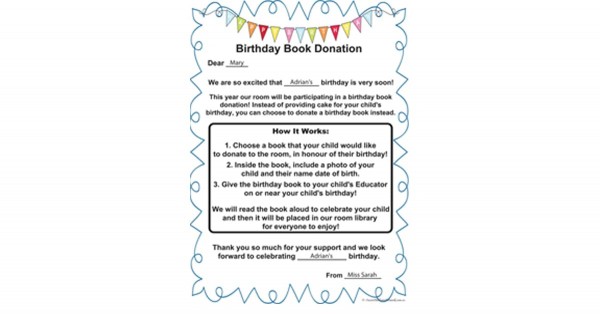 Free Birthday Book Donation Letter To Parents - Aussie Childcare Network