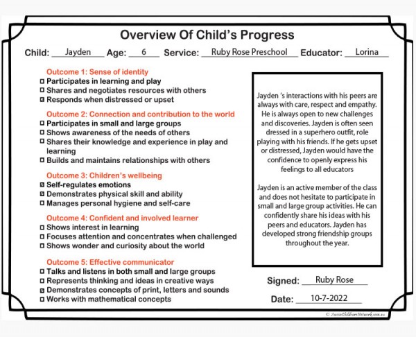 Overview Of Child s Progress Aussie Childcare Network