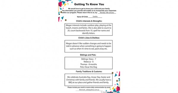 Getting To Know You - Parent Input Template - Aussie Childcare Network